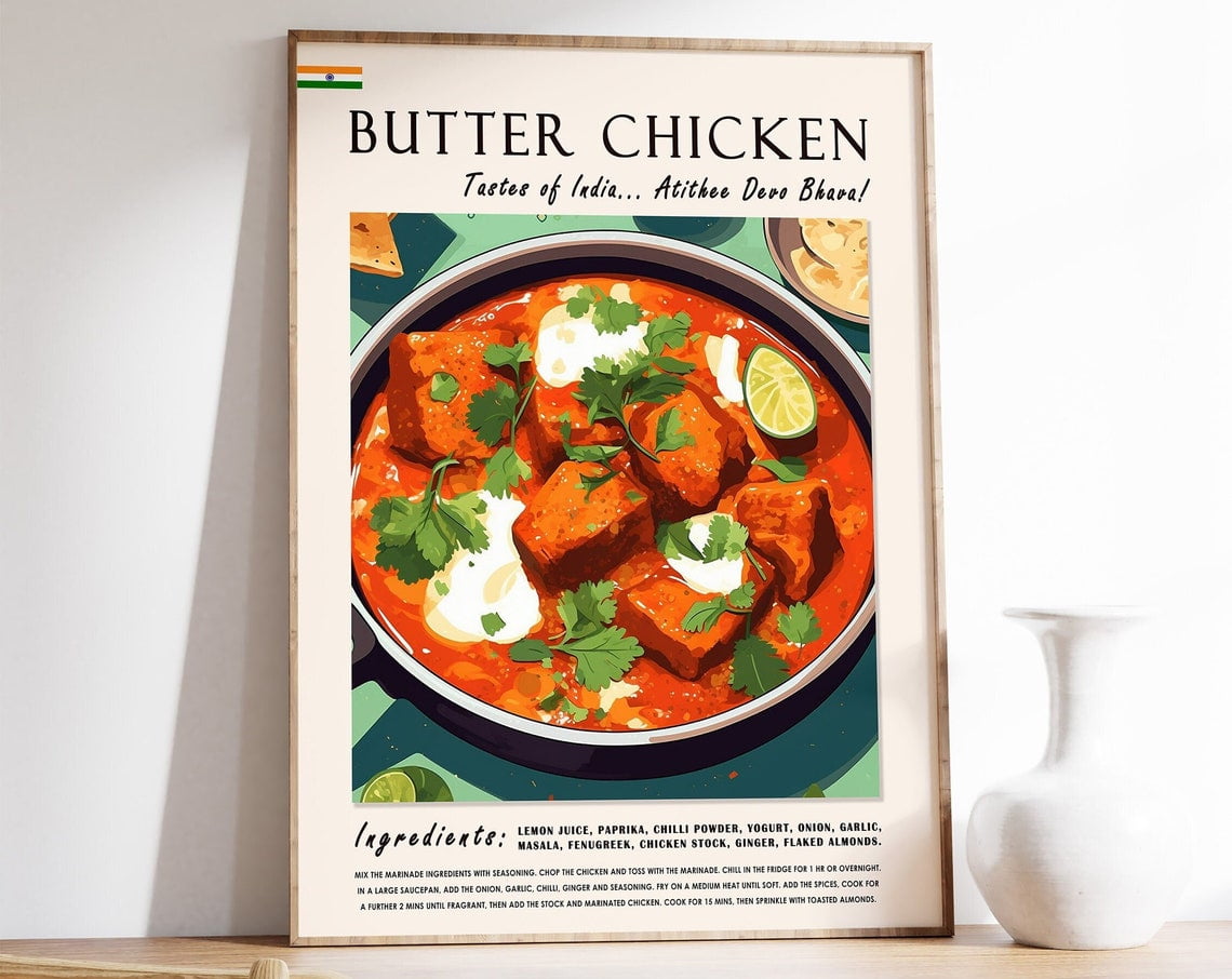 Butter Chicken Indian Food Poster, Indian Food Art, Kitchen Decor ...