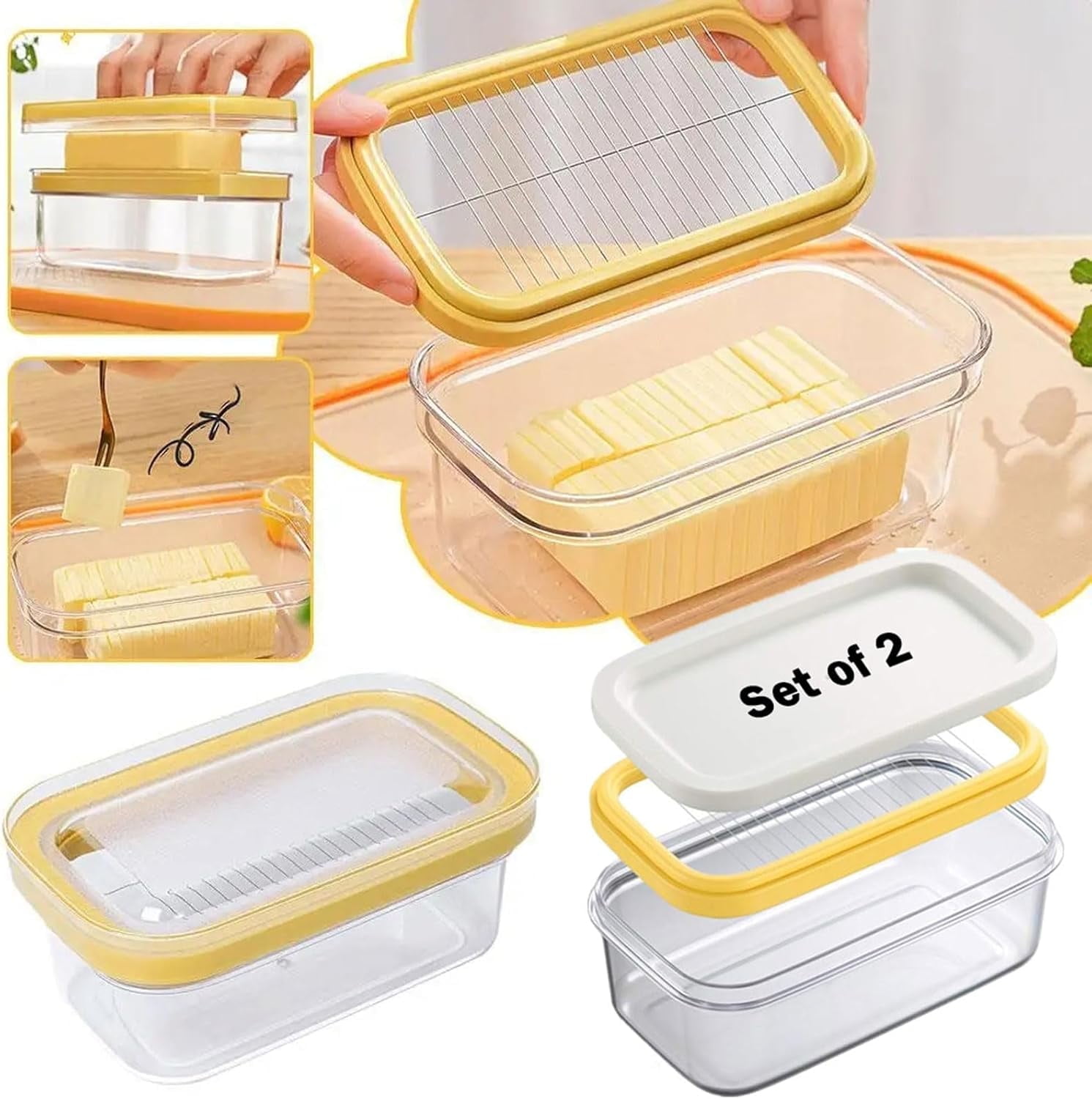 Butter Dish with Lid, Butter Slicer Cutter 2 Set Plastic Butter Keeper ...