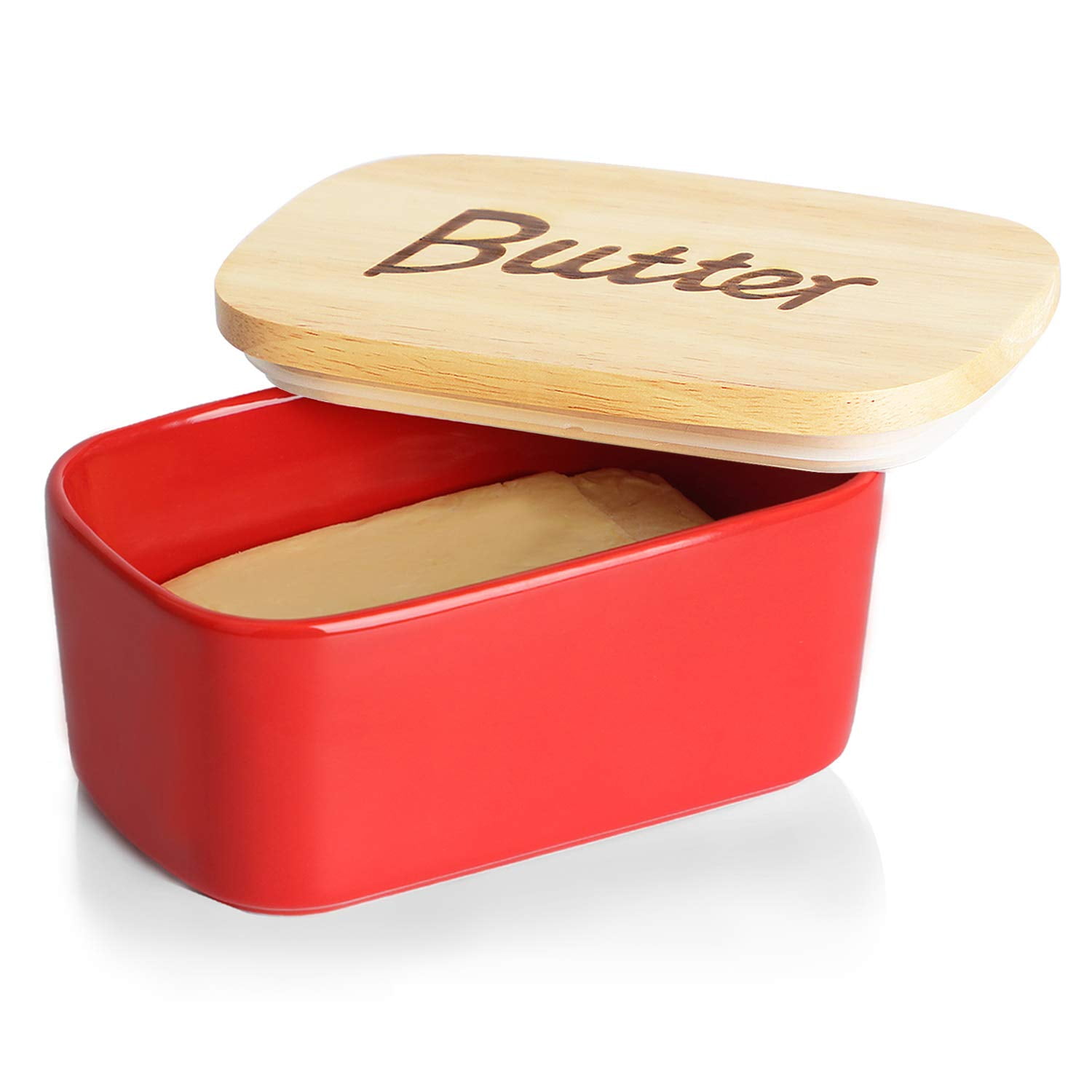 GDCZ Ceramic Butter Dish with Wooden Lid, Large, Holds 2x 4oz Butter ...