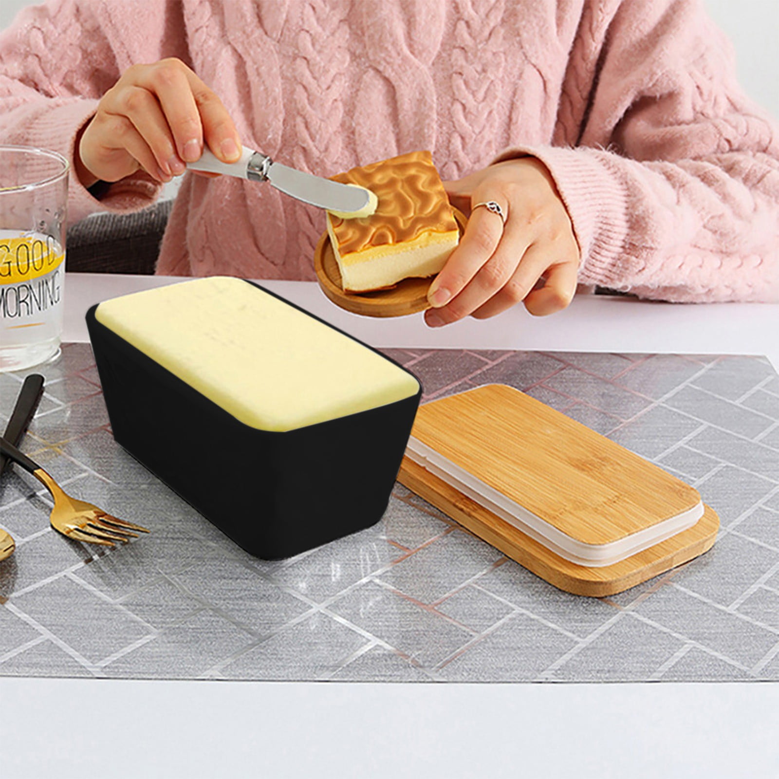 Butter Set, Ceramic Storage Container, Non-slip Base, Wooden Lid, for ...
