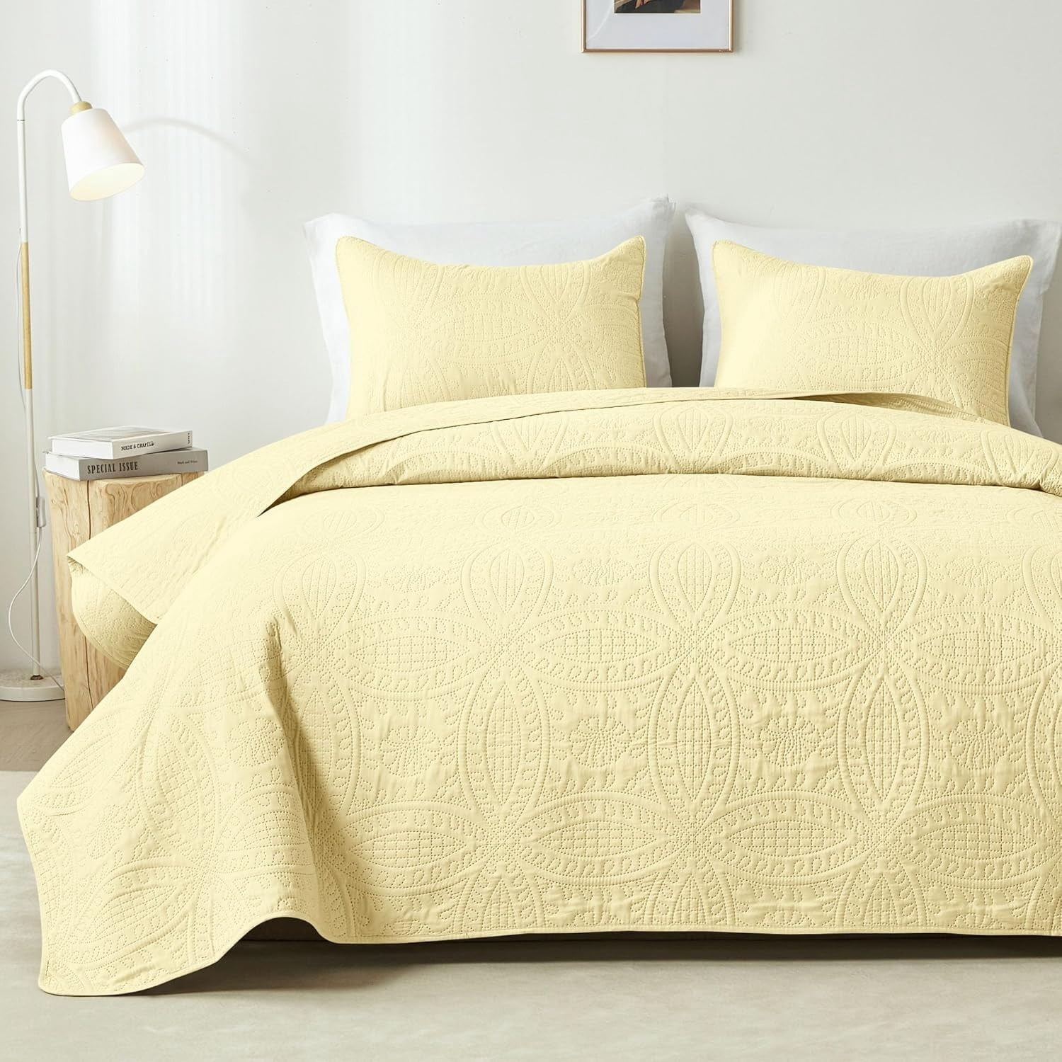Butter Yellow Twin Quilt Set,Ultrasonic Lightweight Bedspread Coverlet ...