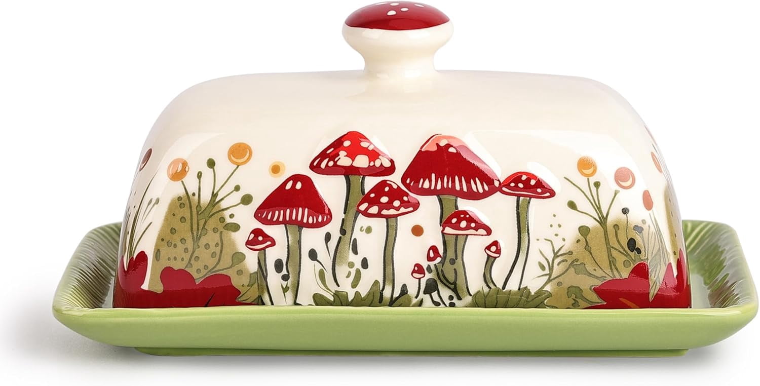 Butter dish, suitable for countertop ceramic butter dish, red mushroom ...