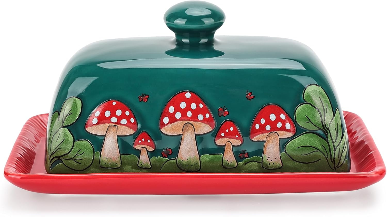 Butter dish, suitable for countertop ceramic butter dish, red mushroom ...
