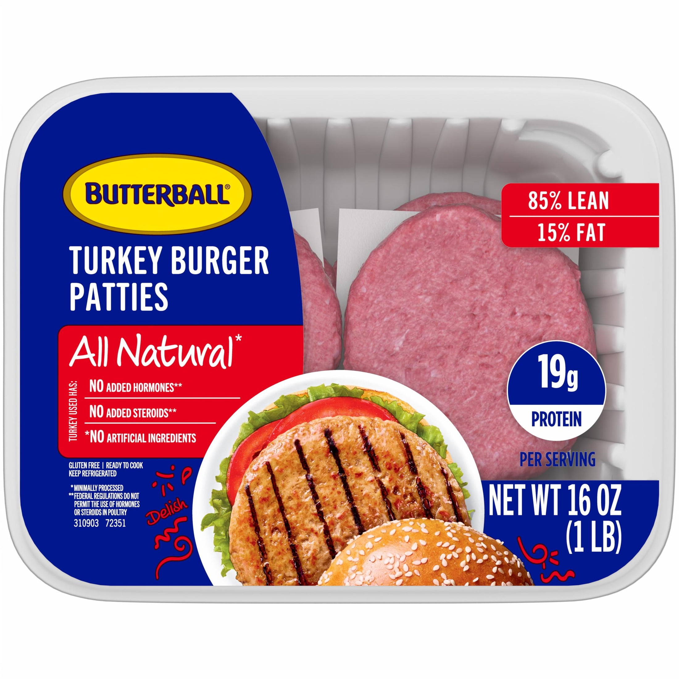 Butterball All Natural Fresh 85/15% Lean Turkey Burger Patties, 16oz, 4 ...