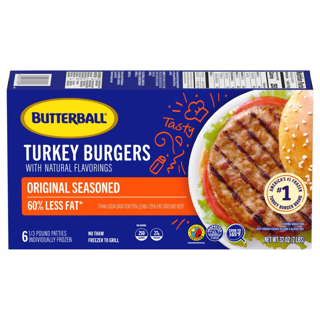 Butterball Frozen Turkey Burgers, Original Seasoned, 1/3 lb Patties, 6 ...