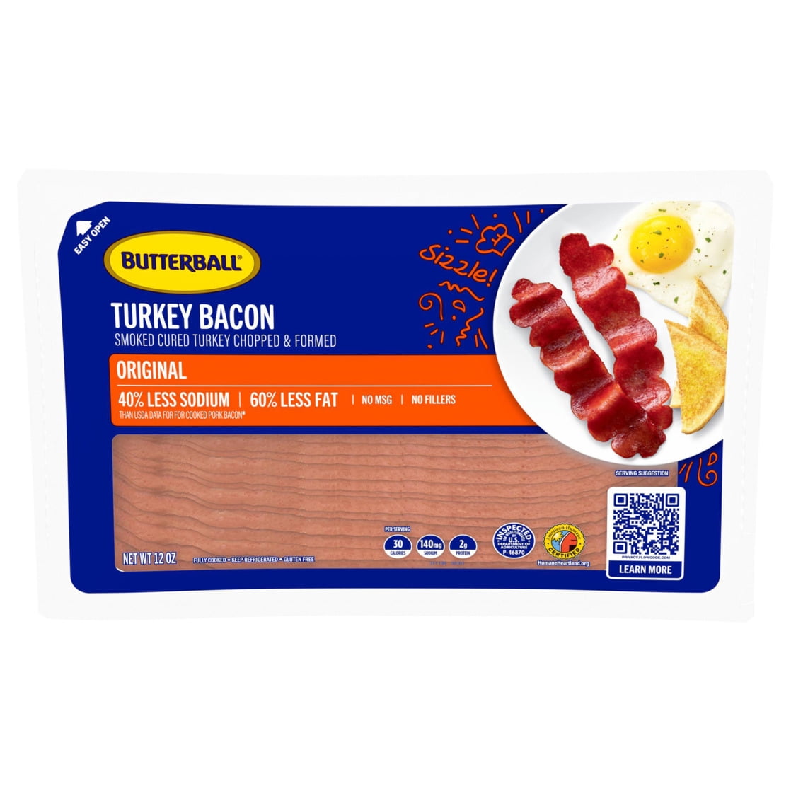 Butterball Turkey Bacon, Original, Smoke-Cured, Chopped and Formed, 12 ...