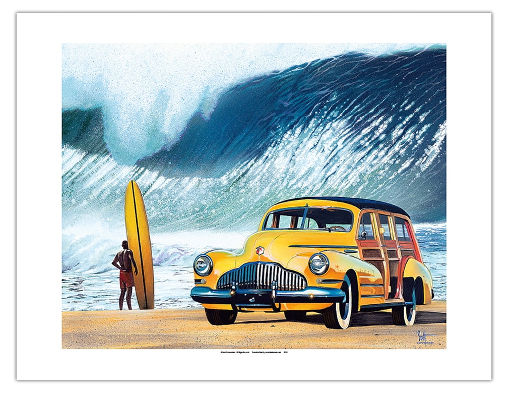 Buttercup Beauty - Retro Woodie Car on Beach with Big Wave Surfer ...
