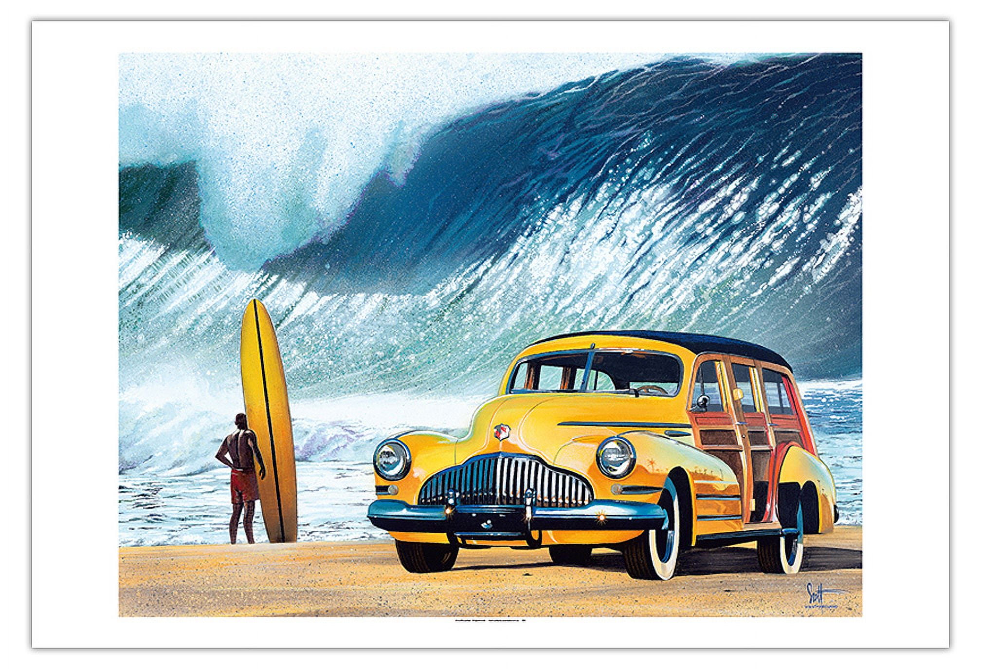 Buttercup Beauty - Retro Woodie Car on Beach with Big Wave Surfer ...