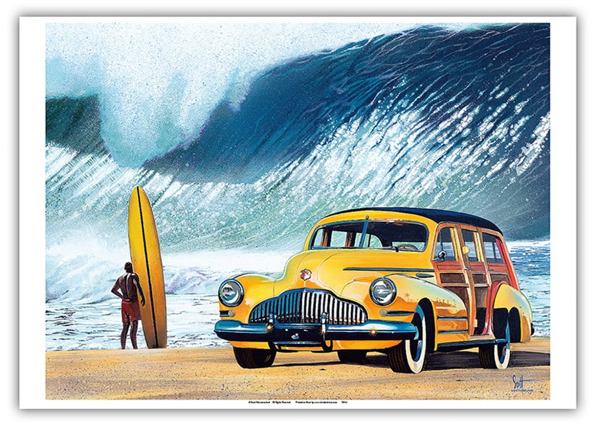 Buttercup Beauty - Retro Woodie Car on Beach with Big Wave Surfer ...