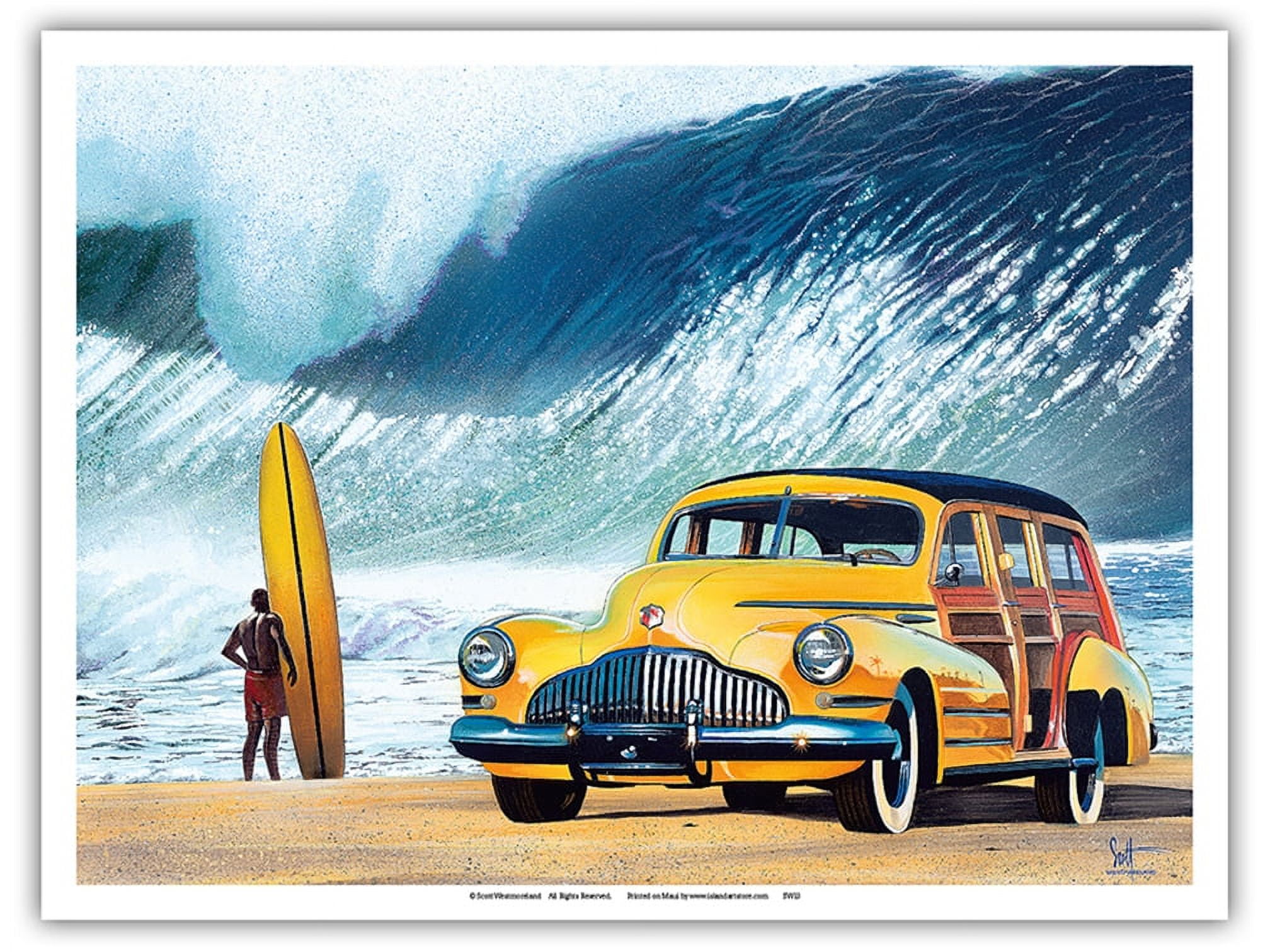Buttercup Beauty - Retro Woodie Car on Beach with Big Wave Surfer ...