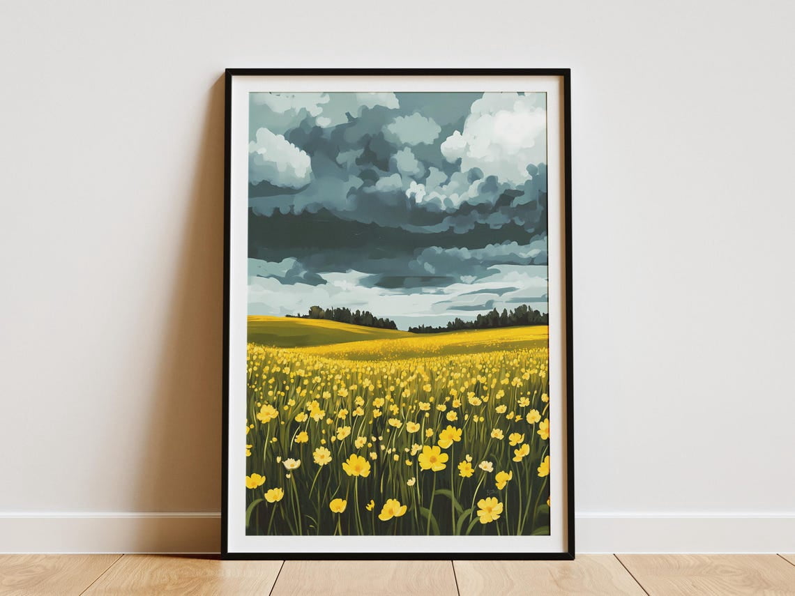 Buttercup Meadow Stormy Sky Landscape Botanical Yellow Flower Field ...
