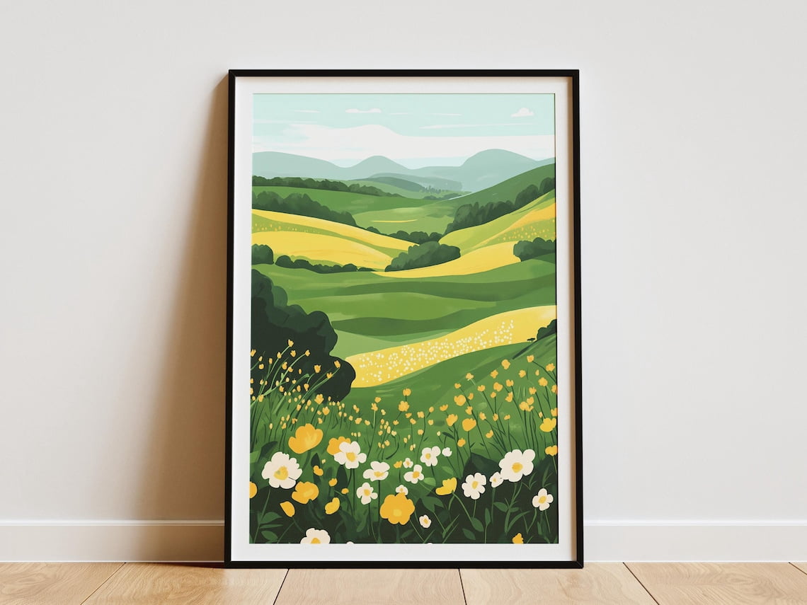 Buttercups Rolling Green Hills Landscape Yellow Flower Meadow Spring ...