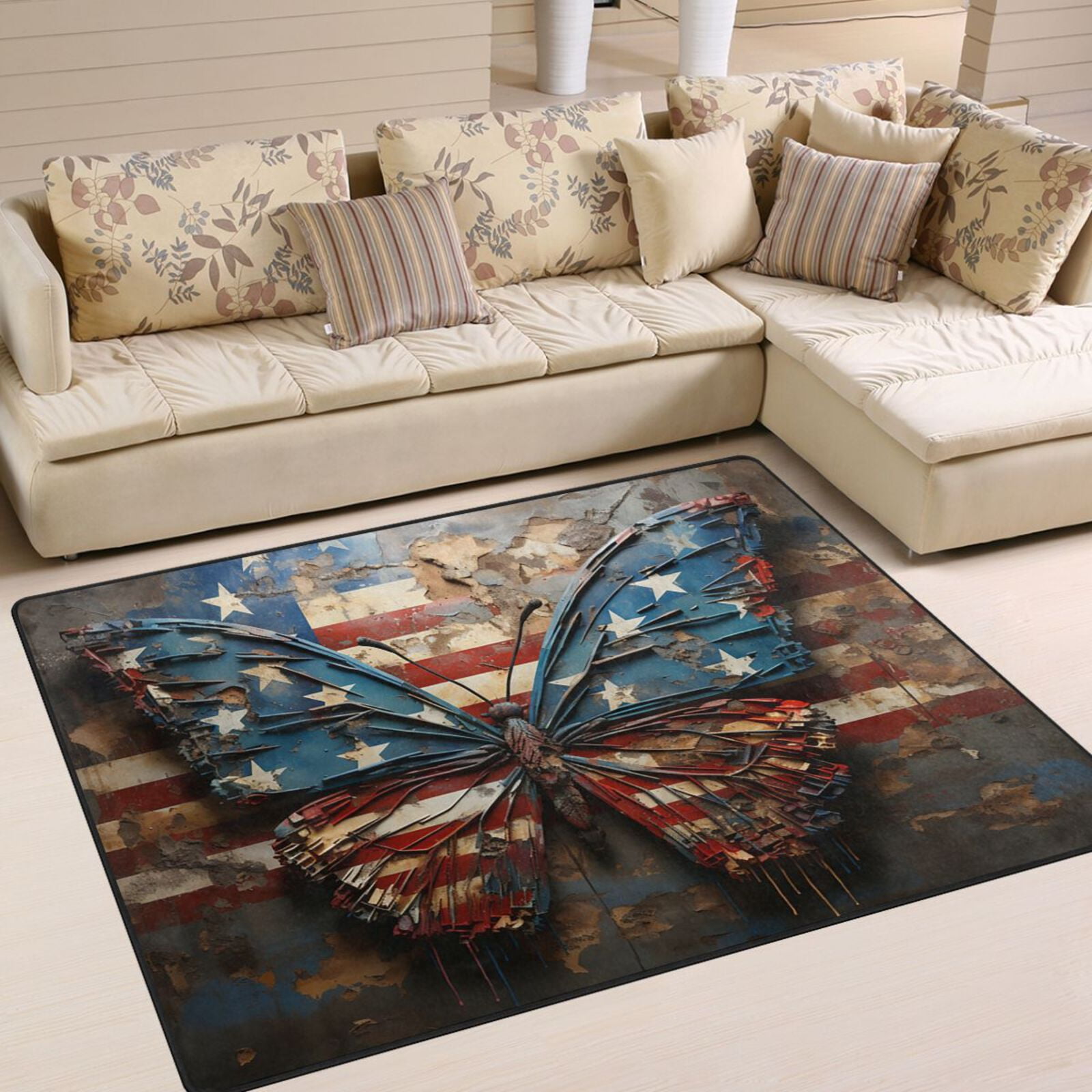 Butterflies American Flag Area Rug Washable 80 x 58 Floor Carpet Mat ...