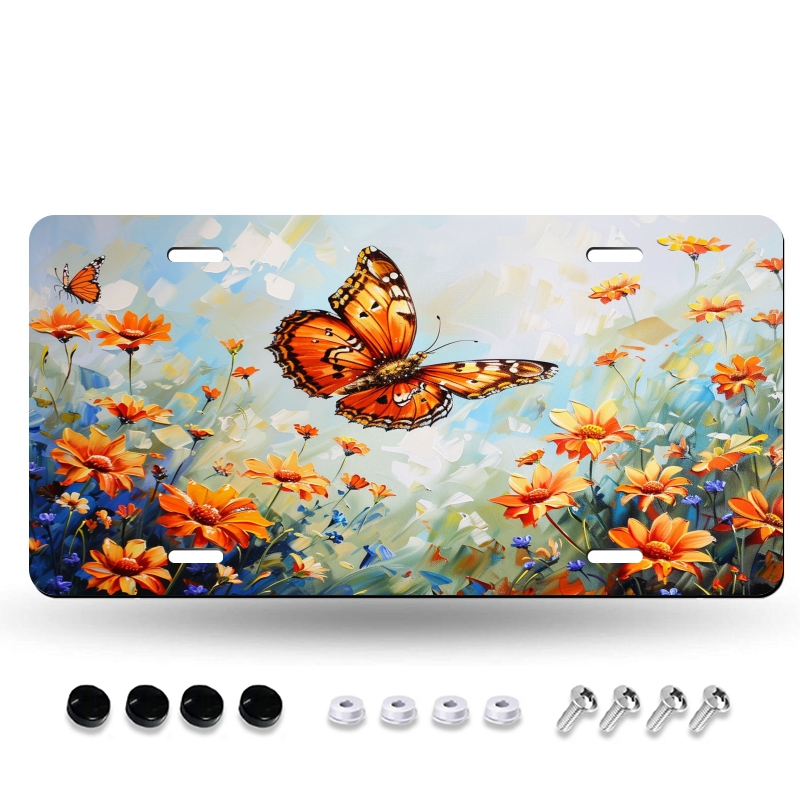 Butterflies Amongst Flowers in a Colorful Oil Painting License Plate ...