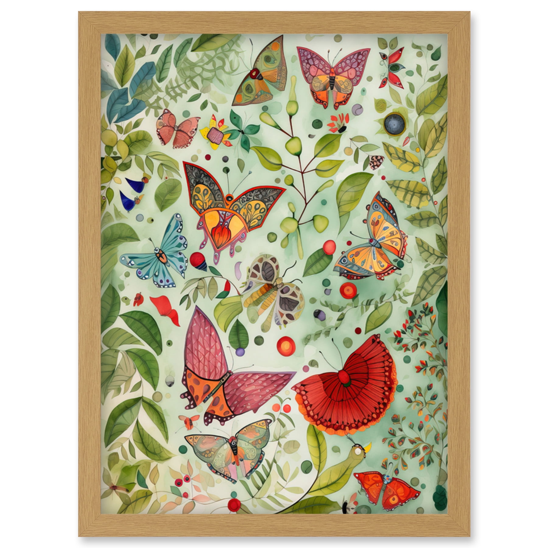 Butterflies And Leaves Folk Art Watercolour Painting Artwork Framed ...