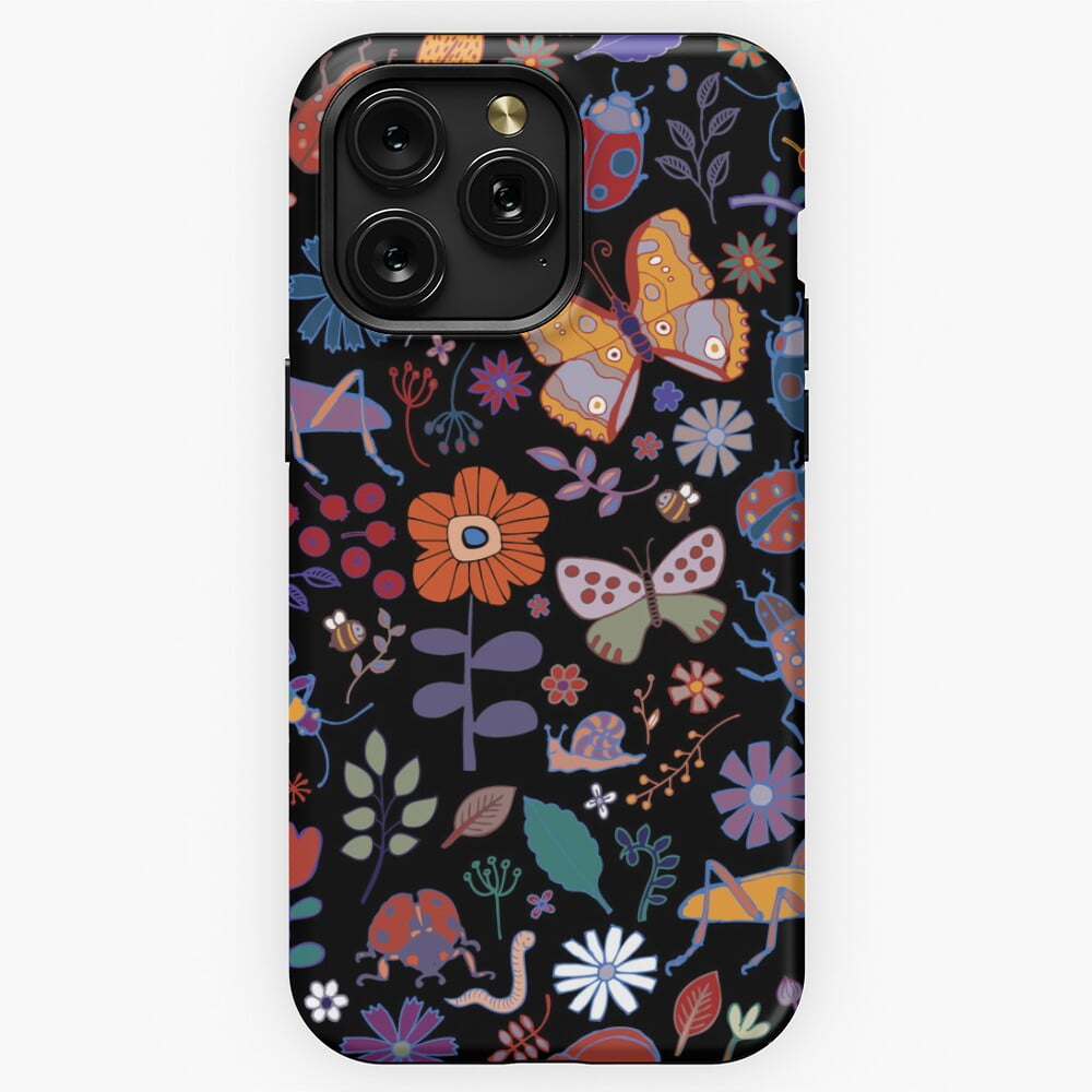 Butterflies, Beetles, and Blooms Black Floral Pattern iPhone Case 17 to ...