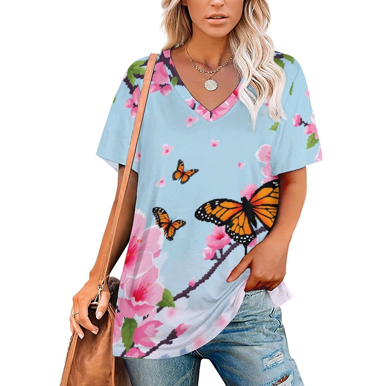 Butterflies Cherry Blossoms Spring V Neck Fashion Oversize T-Shirt ...