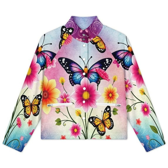 Butterflies Colorful Flowers Fall Winter Women Jacket Stand Collar ...