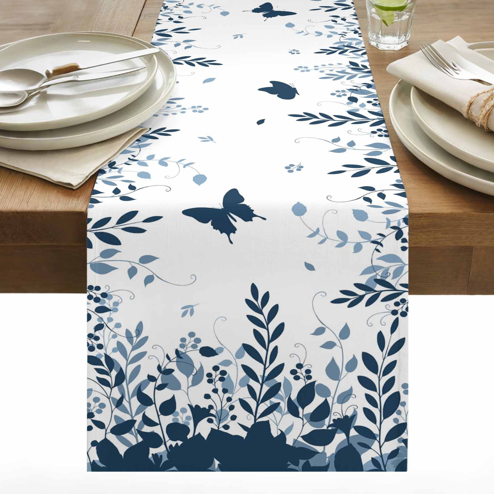 Butterflies Cotton Linen Table Runner Spring Blue Butterfly Falling ...