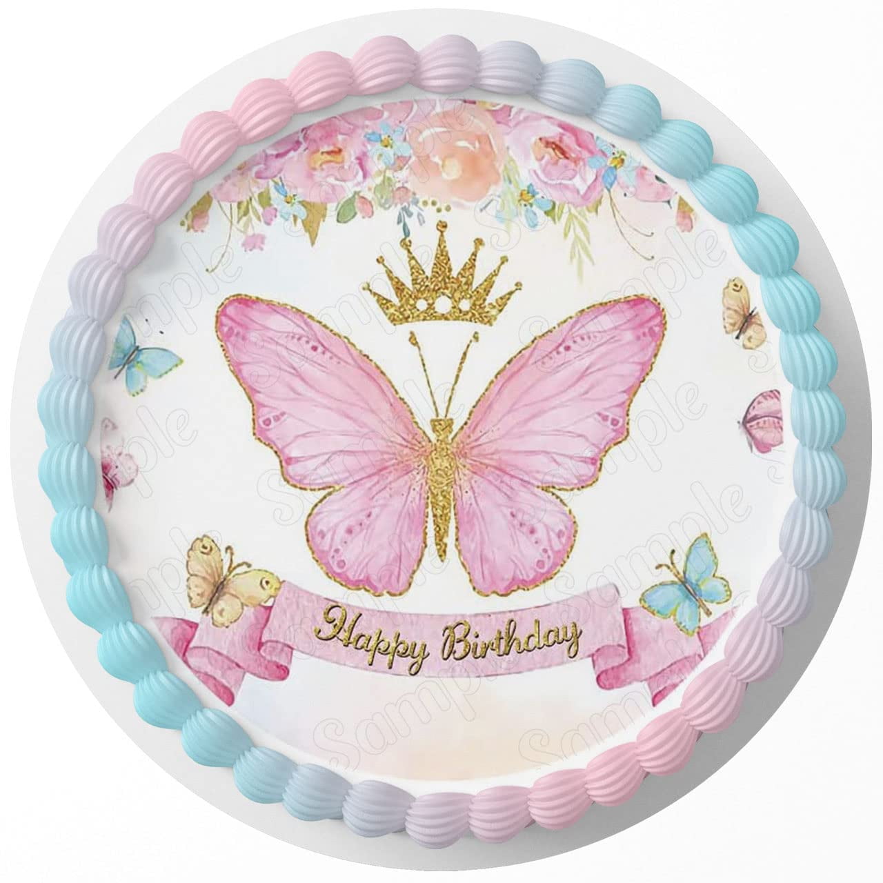 Butterflies Crown Edible Cake Image Topper Birthday Sheet Party ...