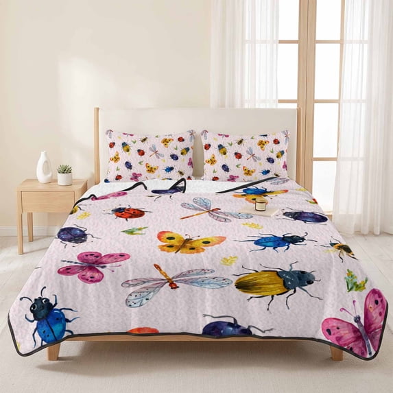 Butterflies Dragonflies Small Grasses on Pink 3 Pieces Quilt Set,1 ...