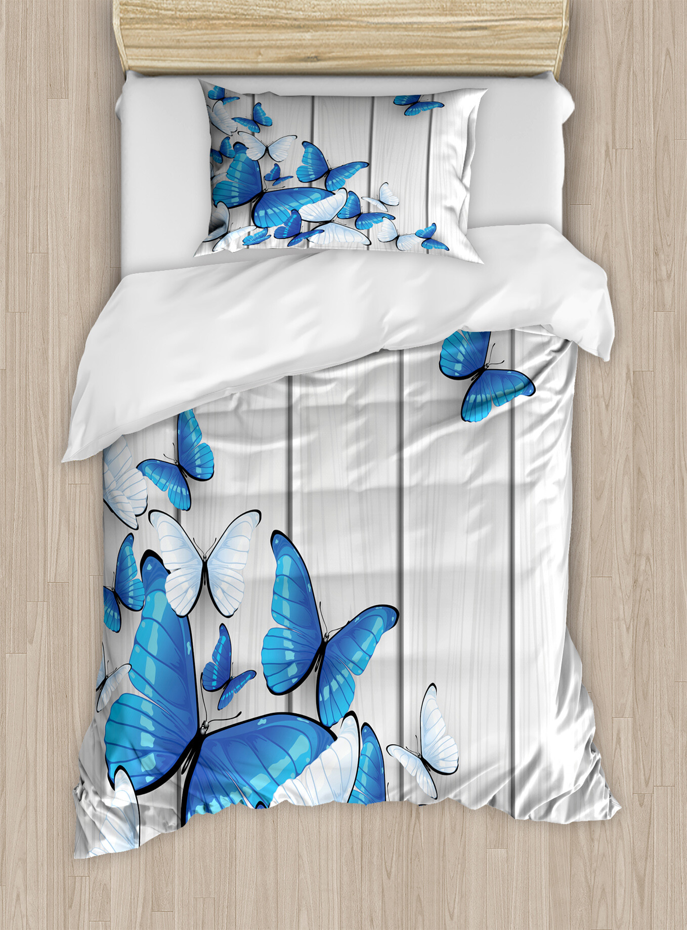 Butterflies Duvet Cover Set, Blue and White Butterflies on Wooden ...