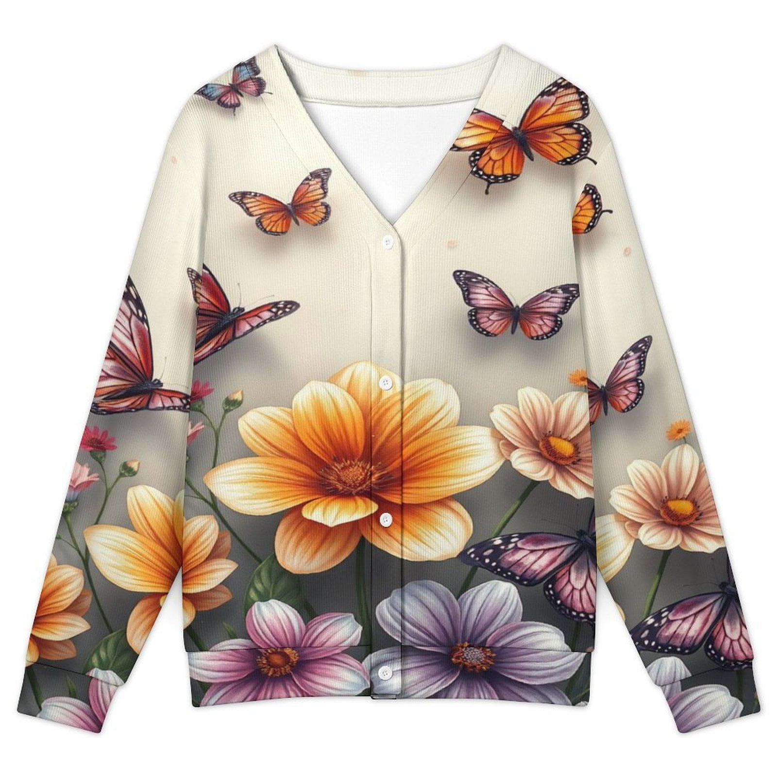 Butterflies Floral Art(3) Sweater Women V-neck Single-Breasted Letters ...