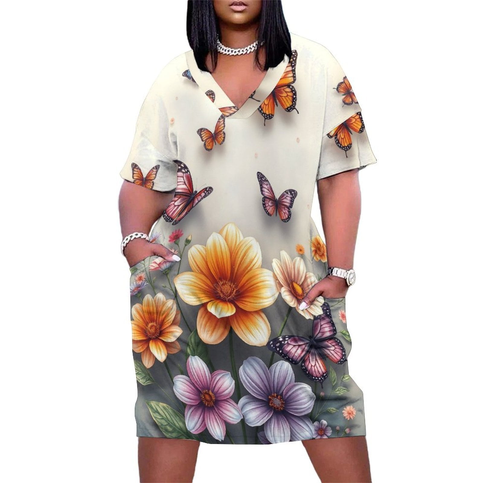 Butterflies Floral Art Dress Loose Pocket Dress Women Clothing 2025 New Arrivals Elegant Chic ...