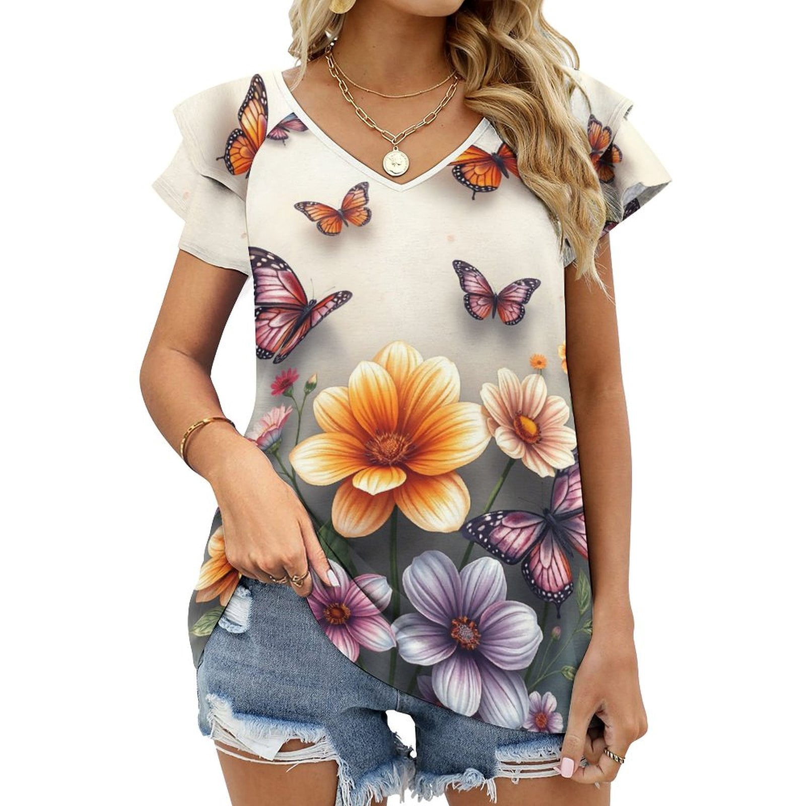Butterflies Floral Art Women Lotus Leaf Neck Short Sleeve Top Female ...