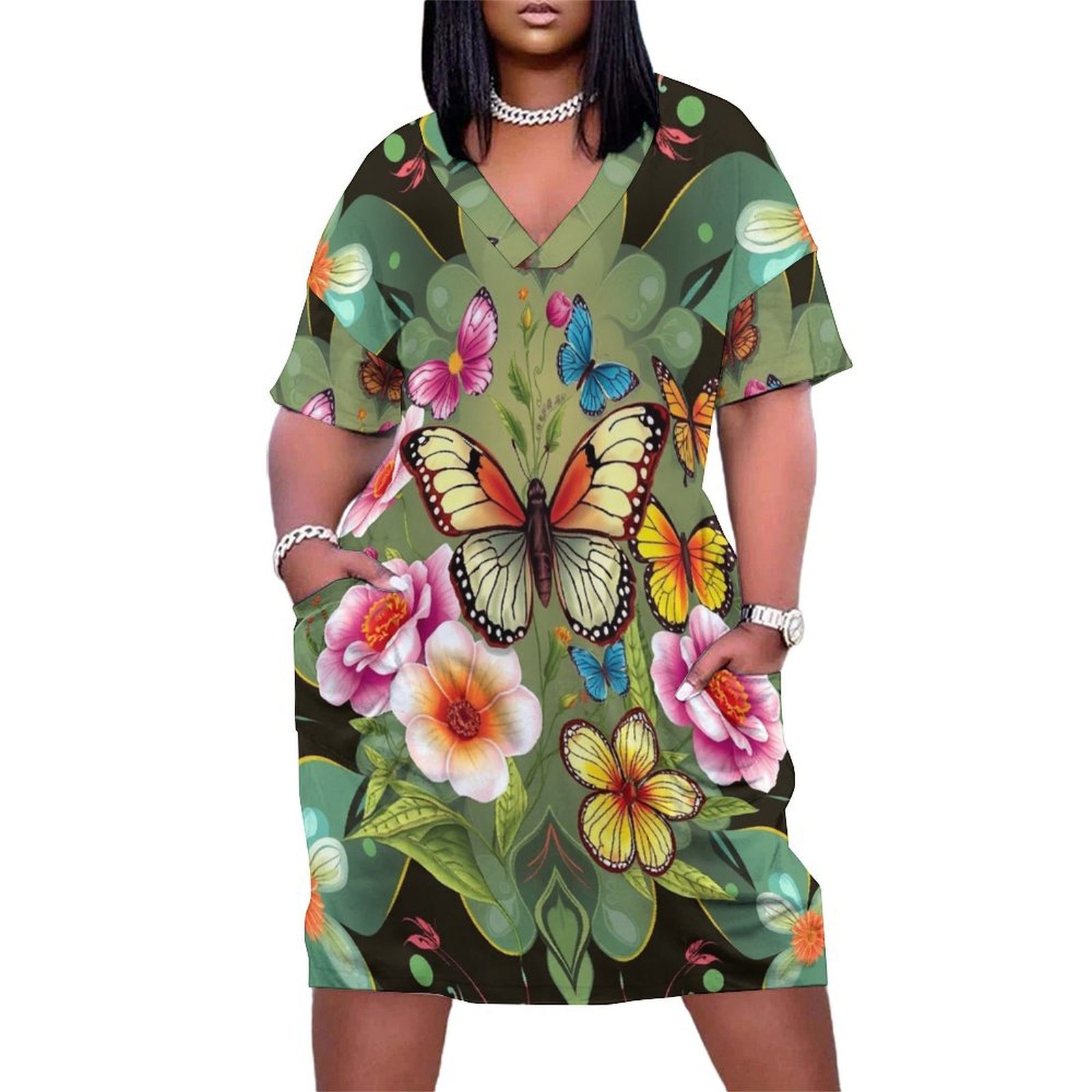 Butterflies Floral Design Loose Pocket Dress Dresses for Special Events ...