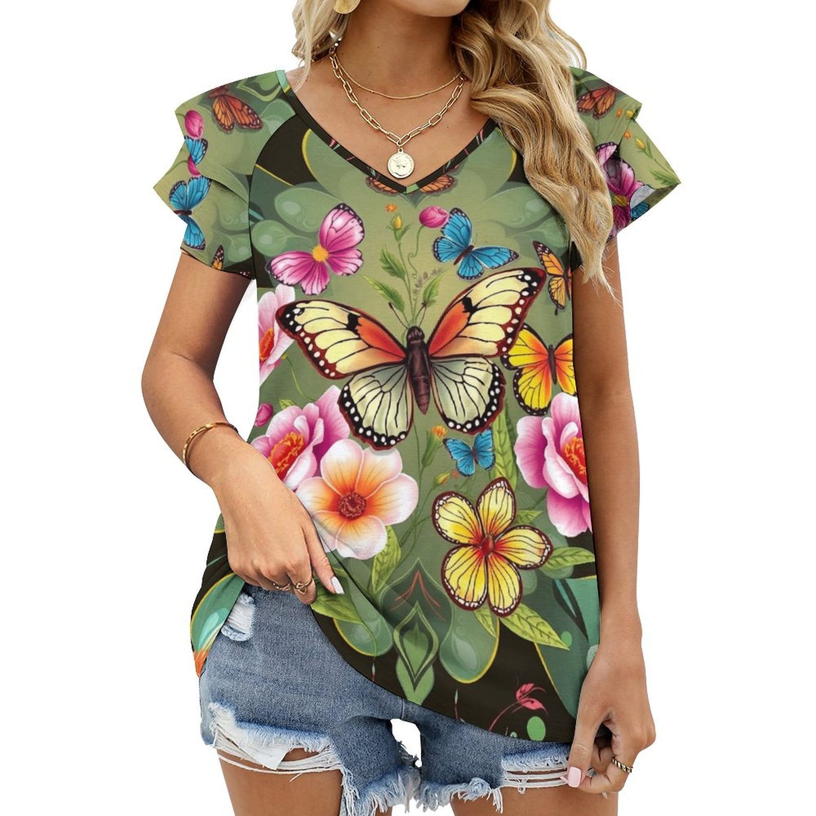 Butterflies Floral Design Women Lotus Leaf Neck Short Sleeve Top Female ...