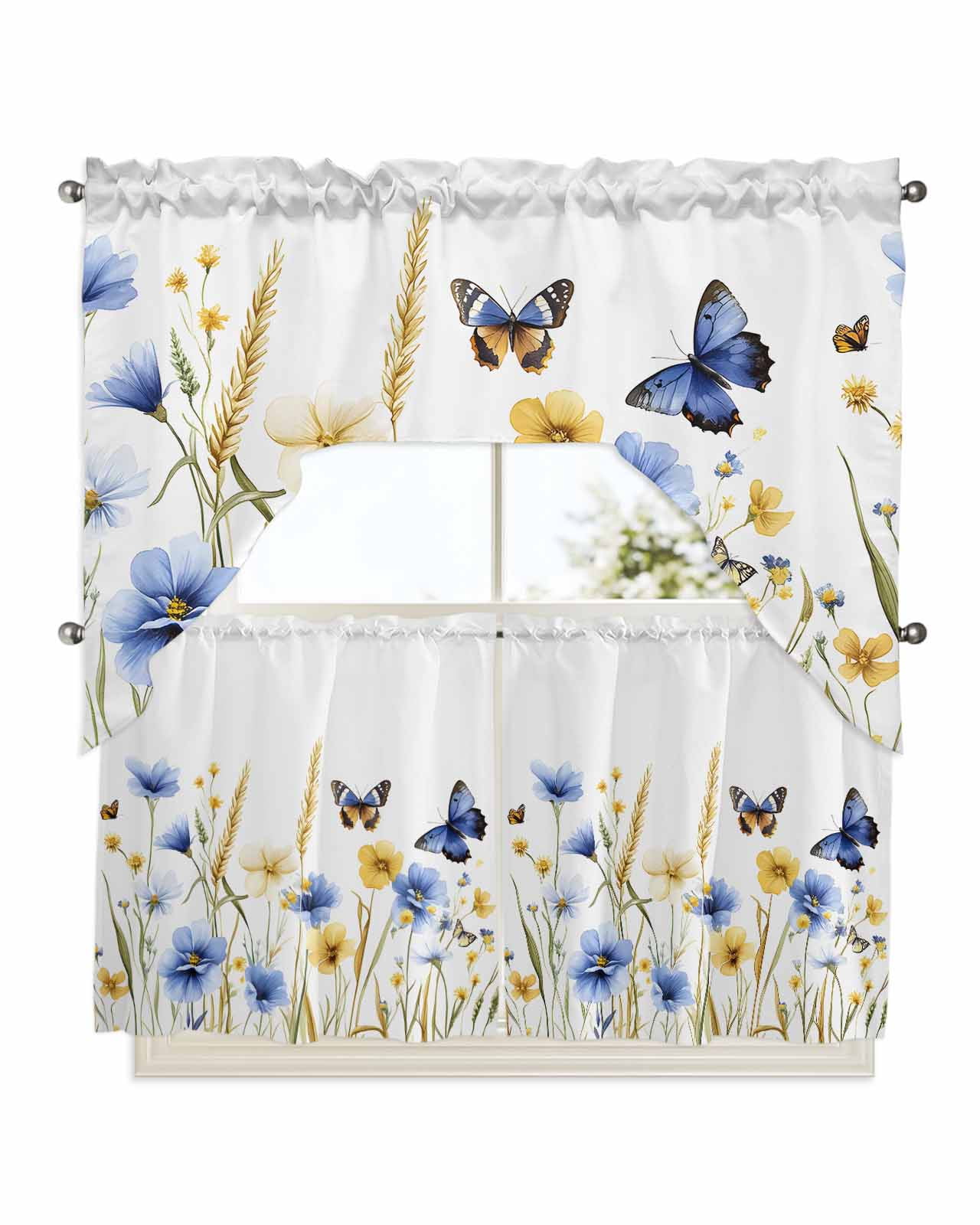 Butterflies Floral Kitchen Curtains Swag Valance and Tier Curtains Set ...