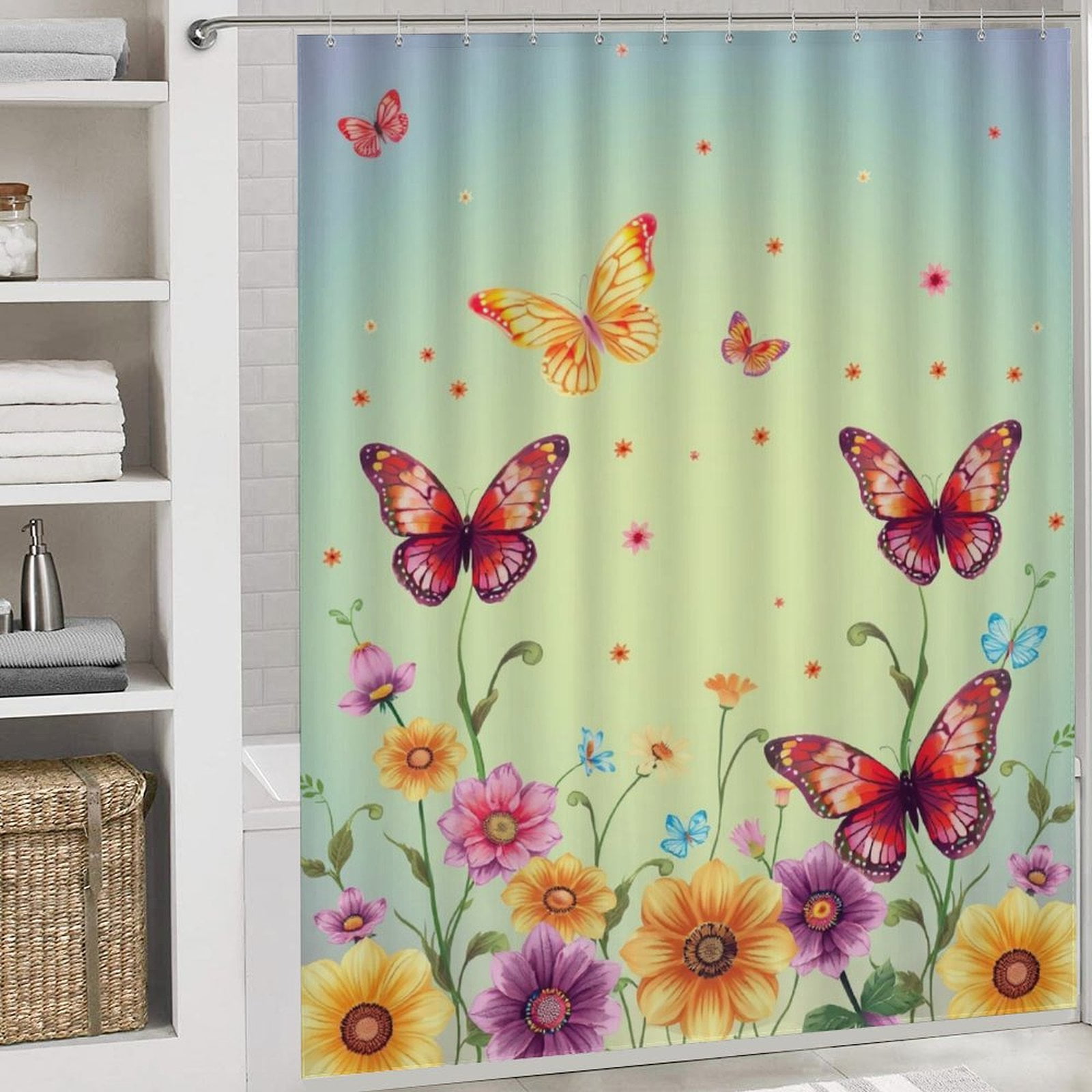 Butterflies Floral Spring Shower Curtains Bath Screen Waterproof ...
