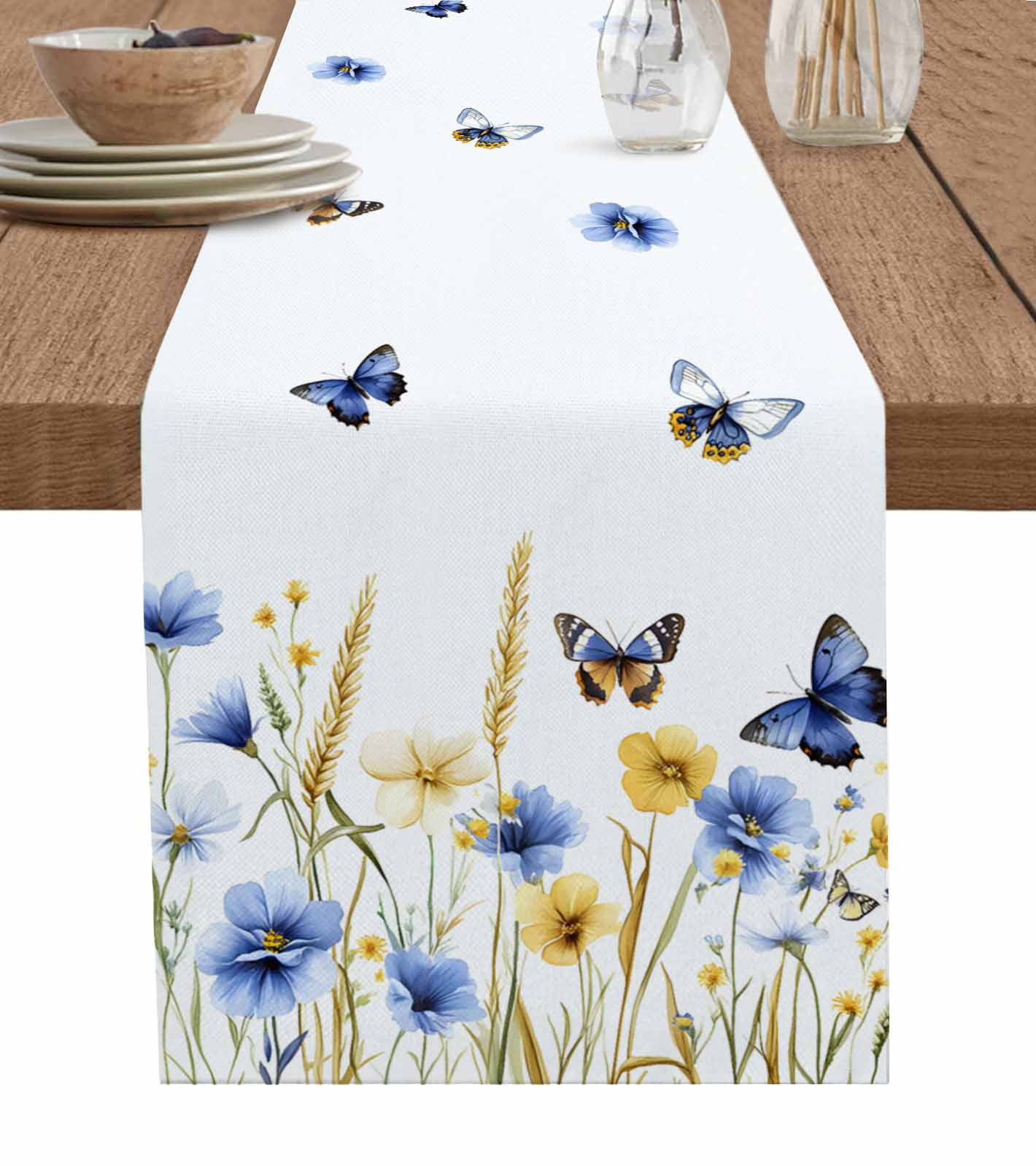 Butterflies Floral Table Runner Country Plants Wildflower Leaves ...