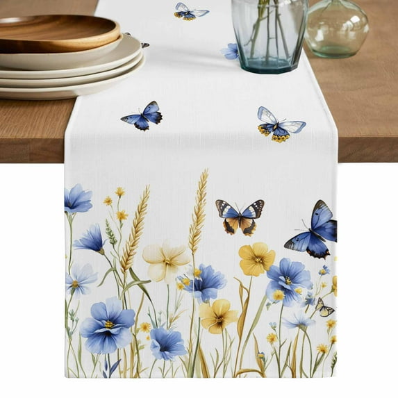 Butterflies Floral Table Runner, Country Plants Wildflower Leaves ...