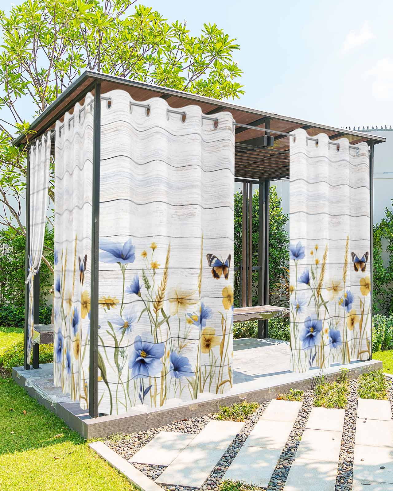 Butterflies Flower Outdoor Curtains for Patio Waterproof,Country Wood Grain Leaves Farmhouse ...