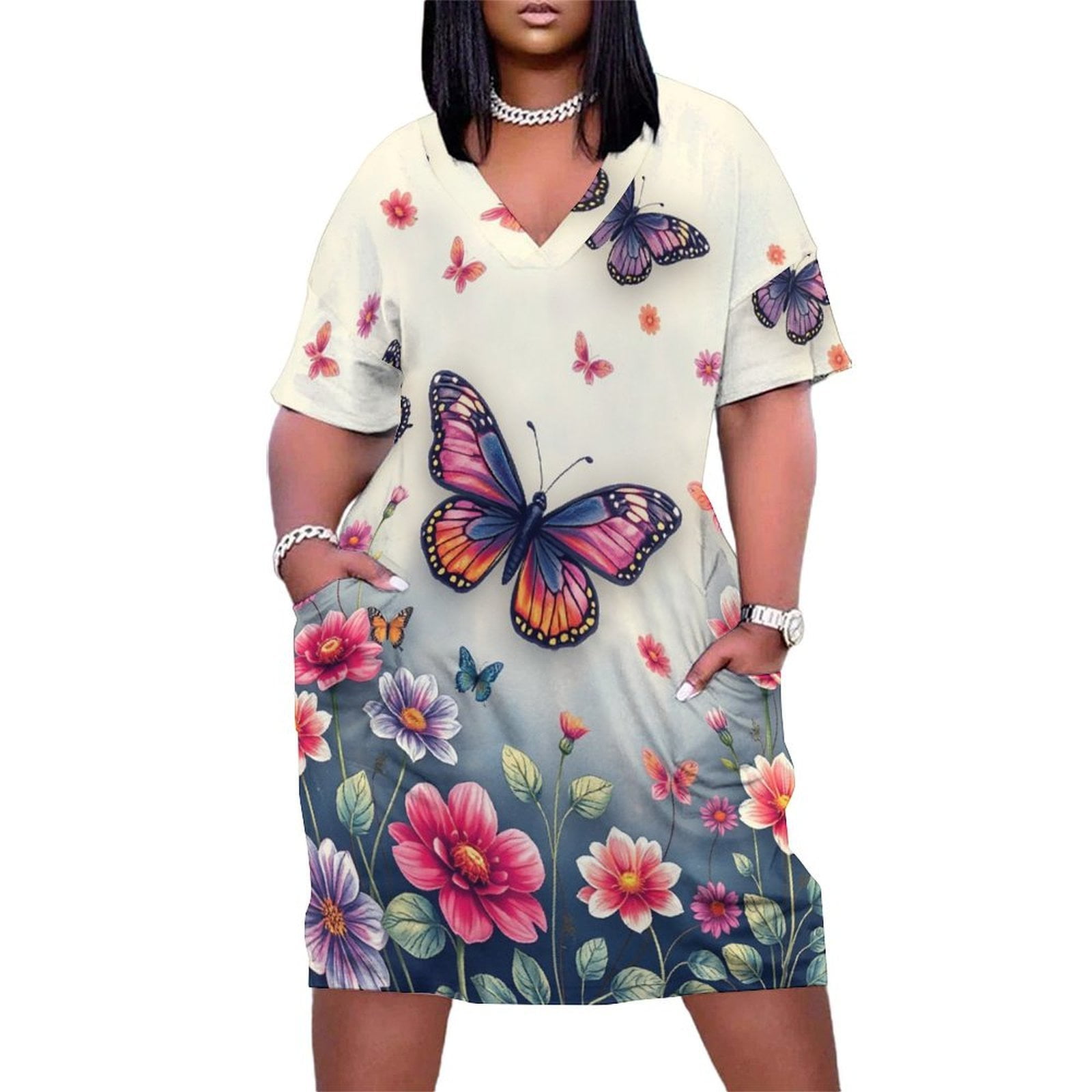 Butterflies Flowers Beauty Loose Pocket Dress Clothes Summer Clothes for Women Women Formal ...