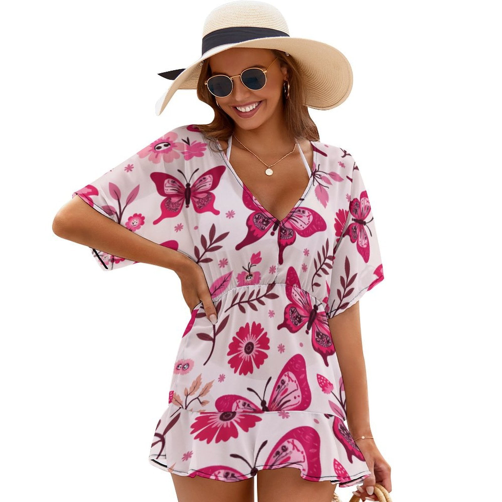 Butterflies Flowers Decorative Pattern Design Beach Cover Ups Women V ...