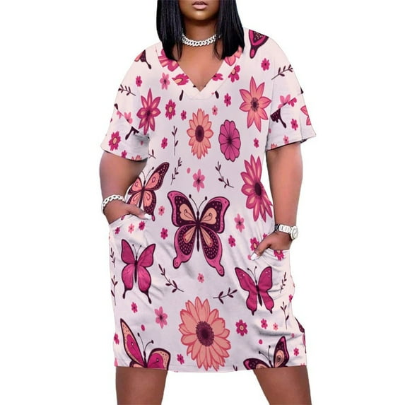 Butterflies Flowers Pink Pattern Design Loose Pocket Dress Dresses ...