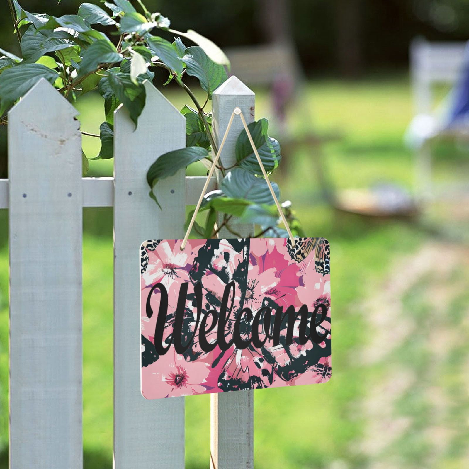 Butterflies Flowers Pink Welcome Sign for Front Door Porch Wreath Door ...