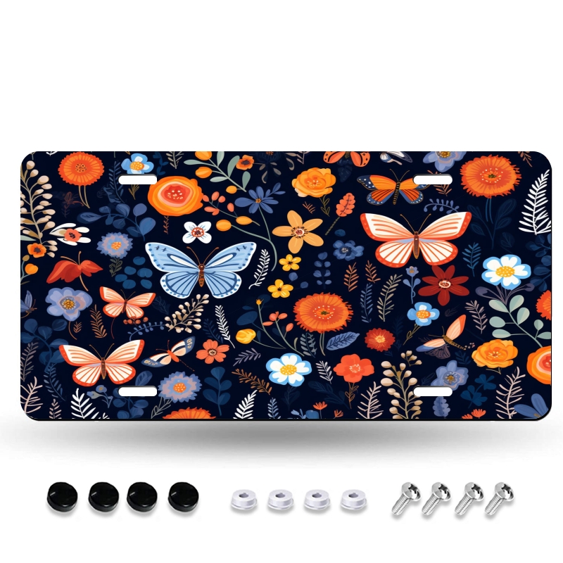 Butterflies and Flowers in The Style of Folk Art License Plate Frame ...