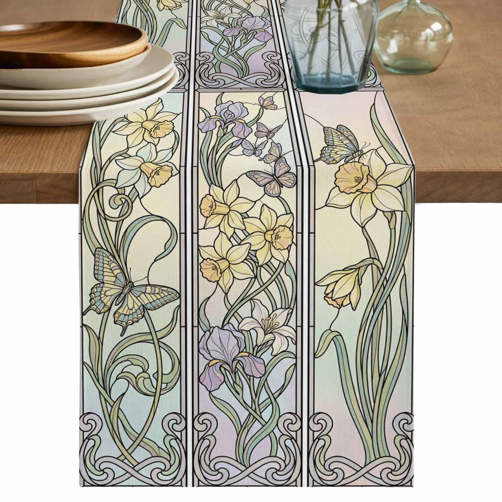 Butterflies Flowers Table Runner, Vintage Geometric Colorful Glass ...