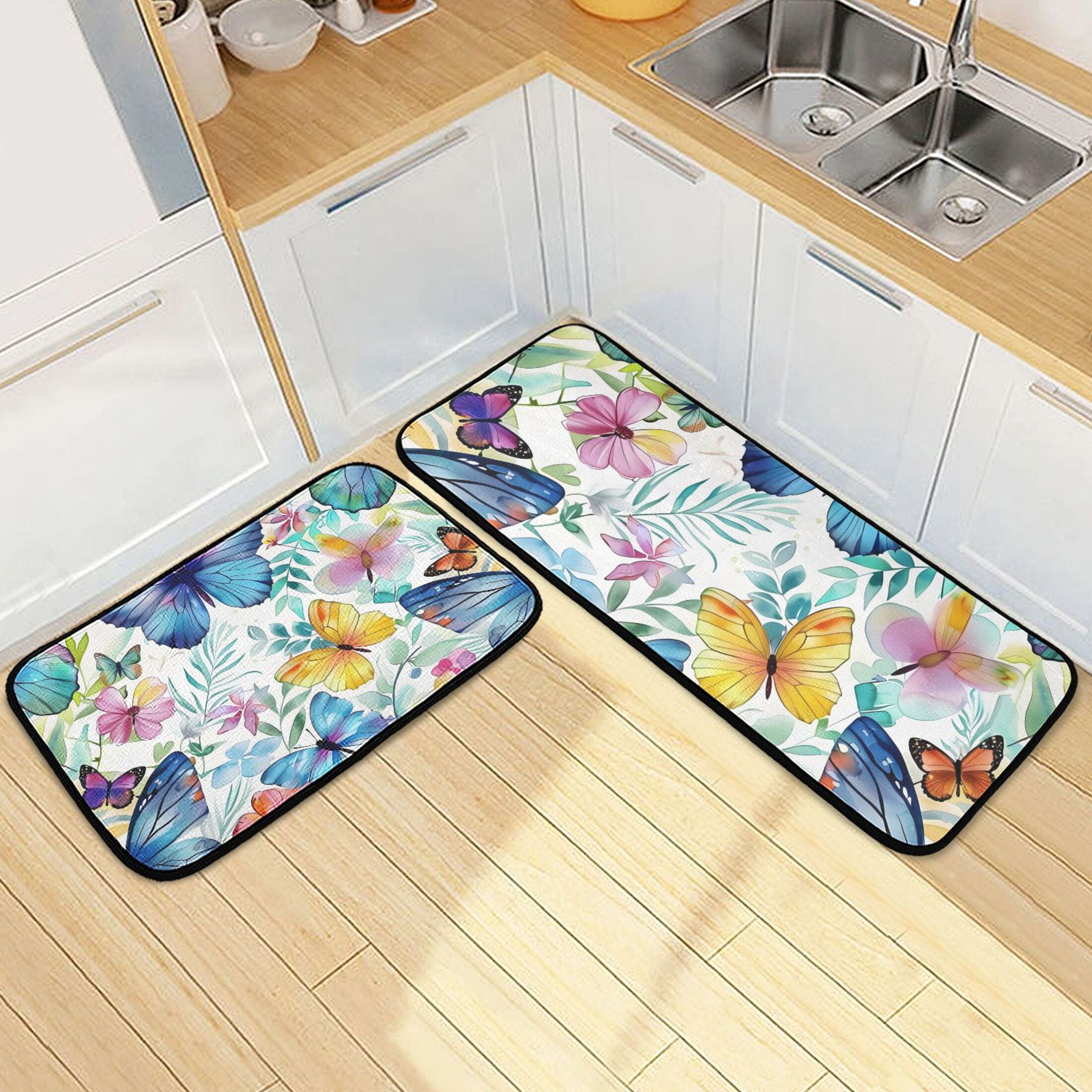 Butterflies Flowers and Leaves Kitchen Rugs Set Non Slip Mats Runner ...