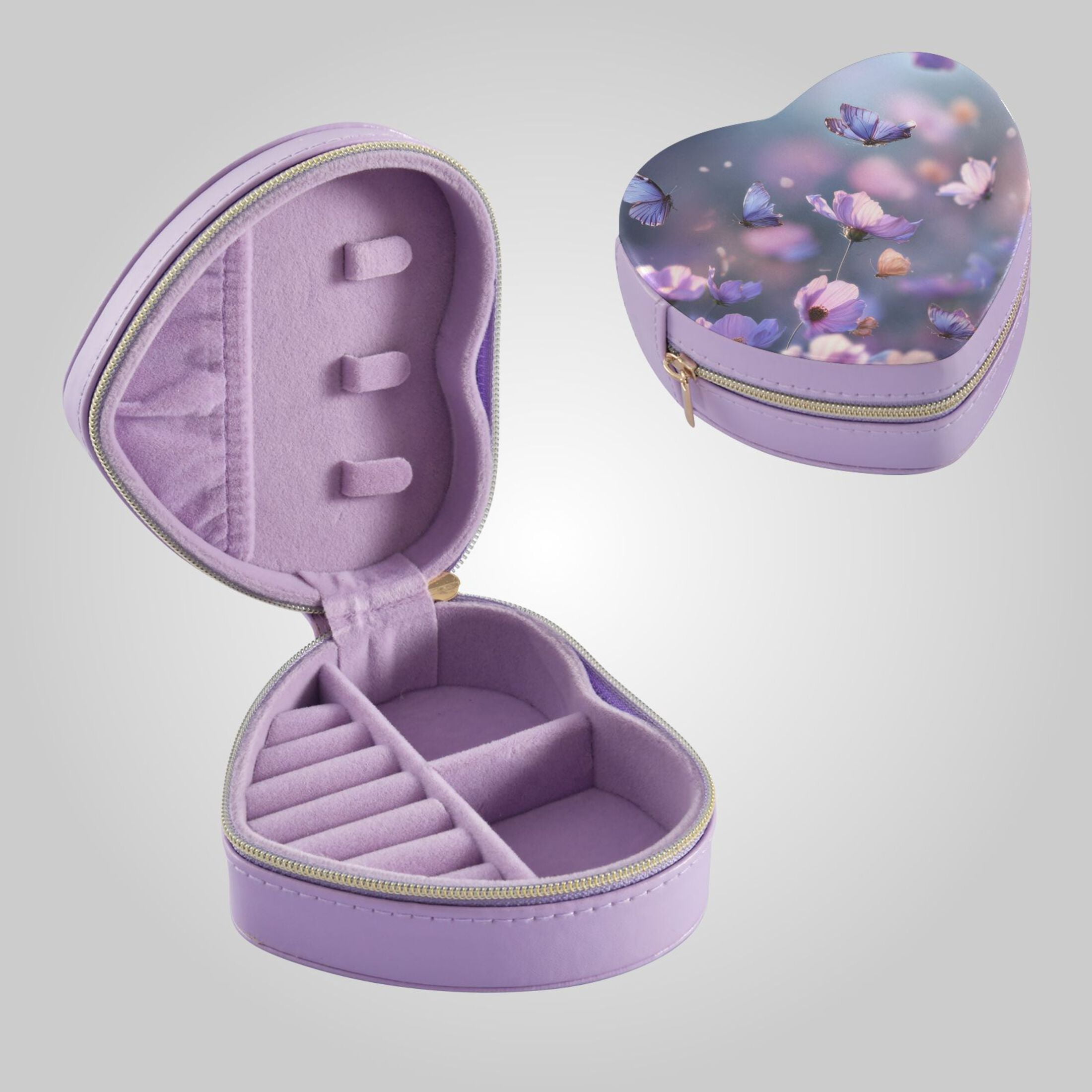 Butterflies Fluttering Among Purple Flowers PU Leather Heart-shaped ...