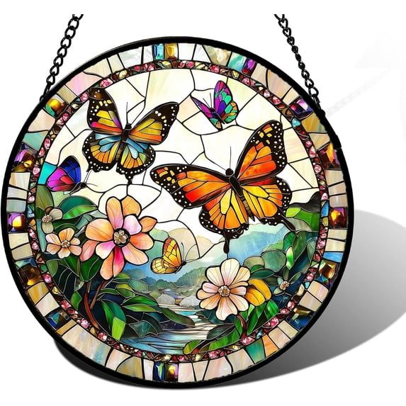 Butterflies Flying Stained Glass Suncatcher, Colorful Butterfly Round ...
