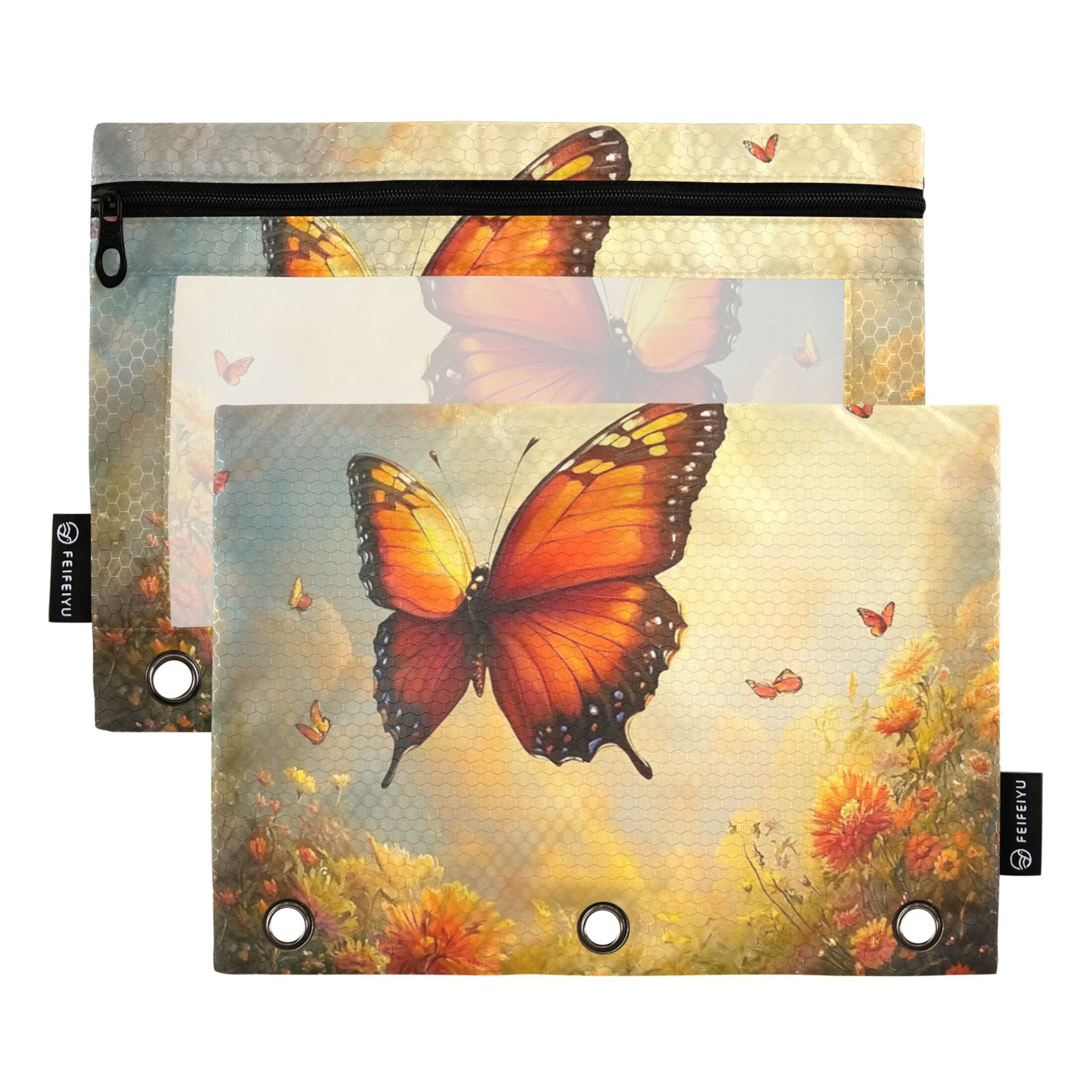 Butterflies Flying in Floral Field Binder Pouches Zipper Pocket ...