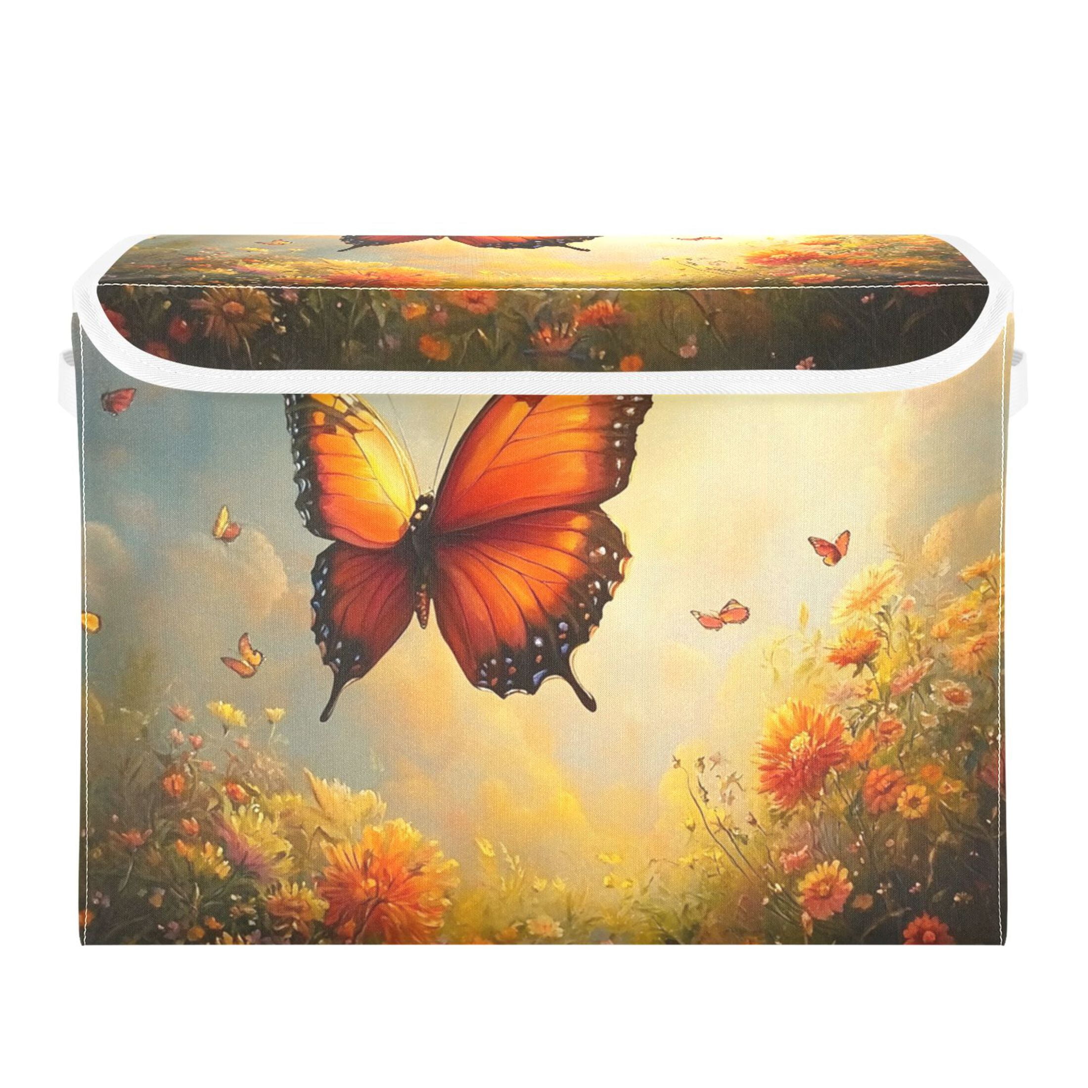 Butterflies Flying in Floral Field Foldable Storage Bin with Lid and ...