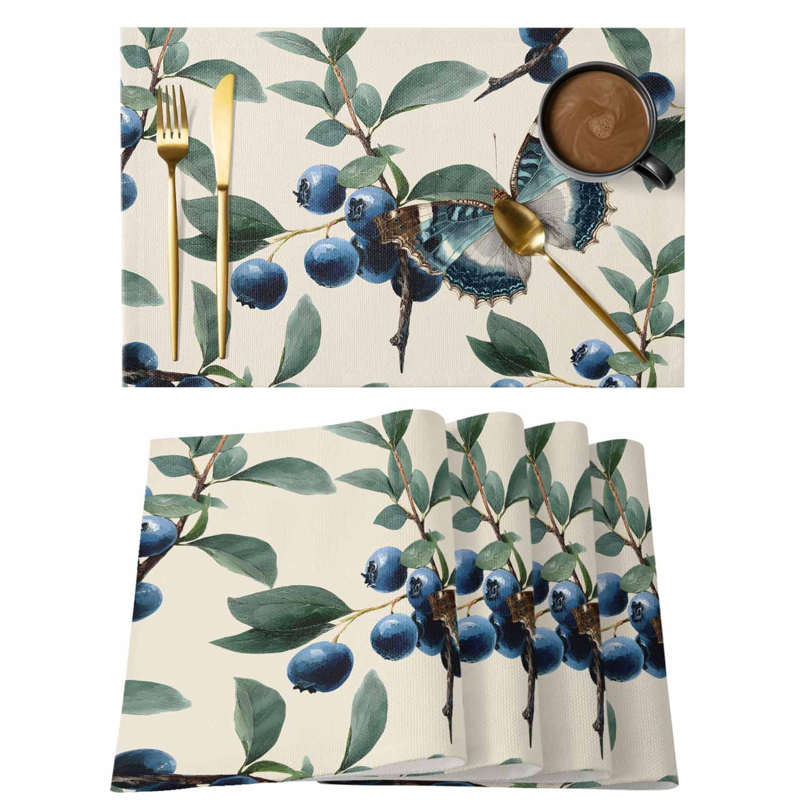 Butterflies Fruit Placemats Set of 4, Blueberries Green Leaves Branch ...