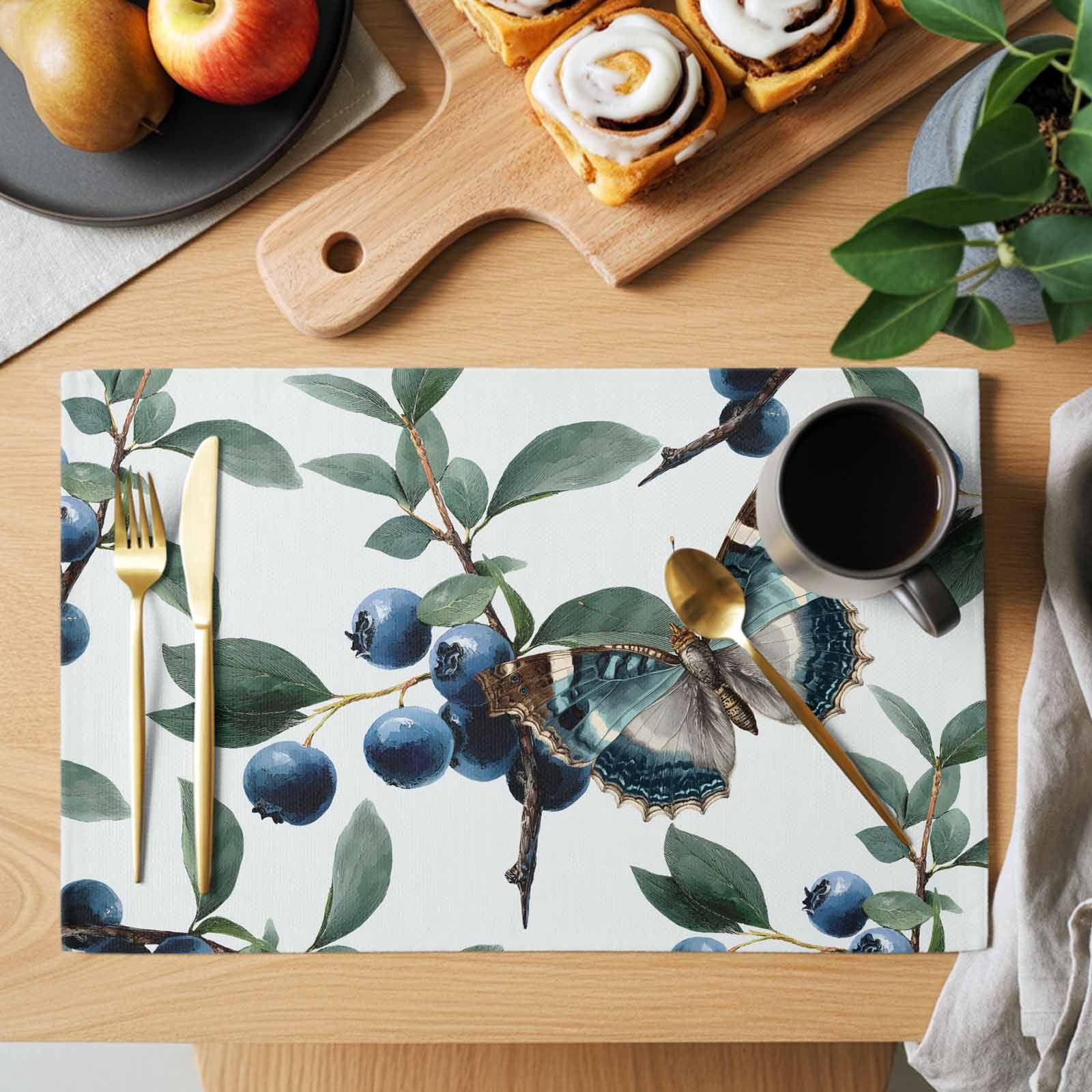 Butterflies Fruit Placemats Set of 4, Blueberries Green Leaves Branch ...