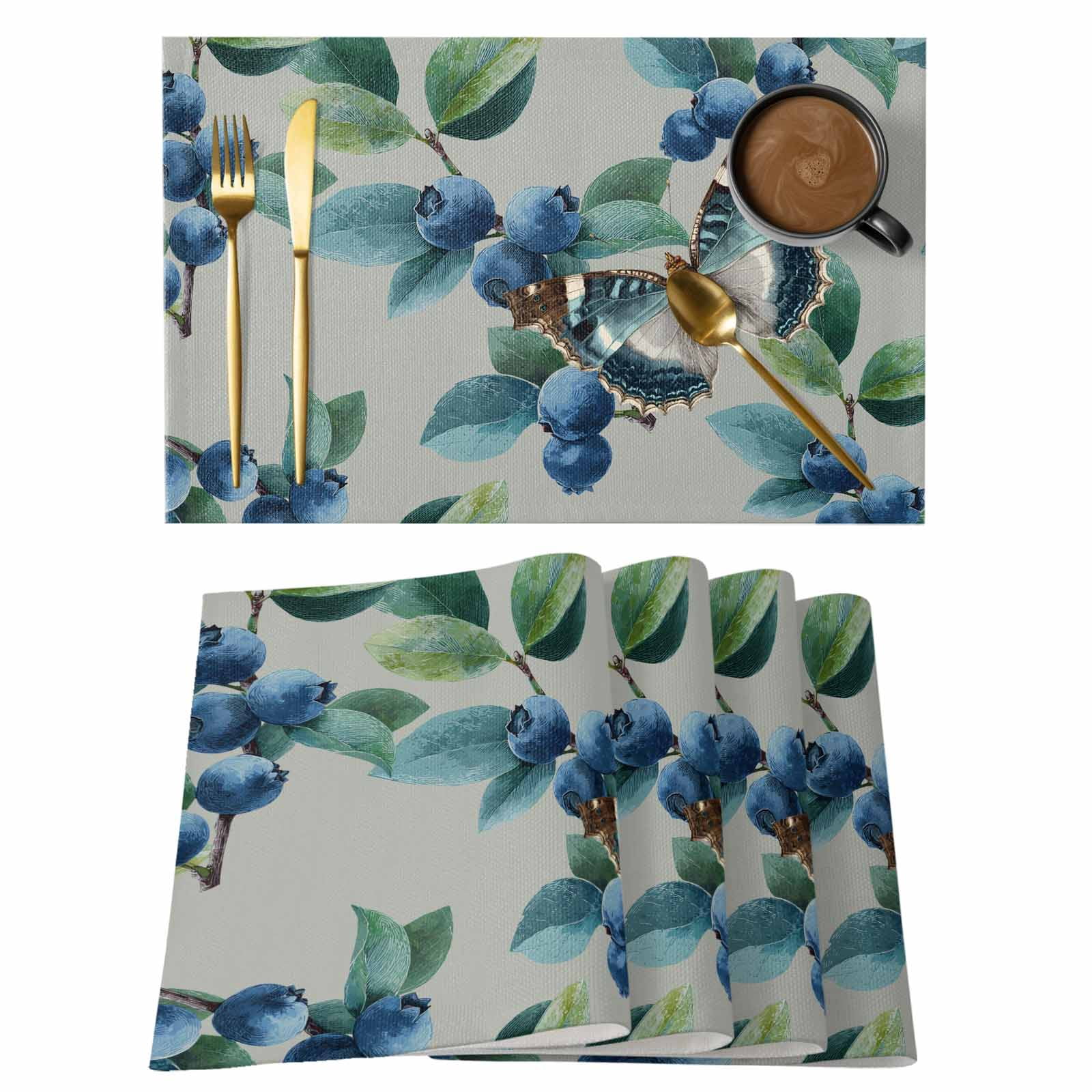 Butterflies Fruit Placemats Set of 6, Blueberries Green Leaves Branch ...